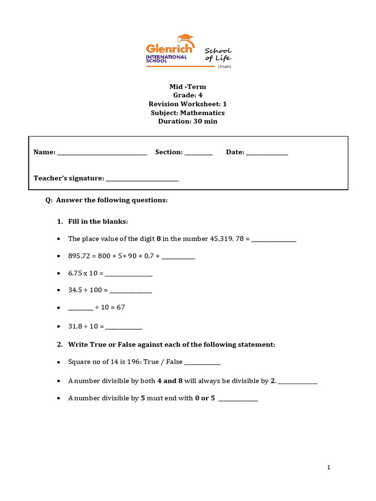 Cambridge GR 5 Mid Term Revision Worksheet-1 | PDF | Triangle | Mathematics