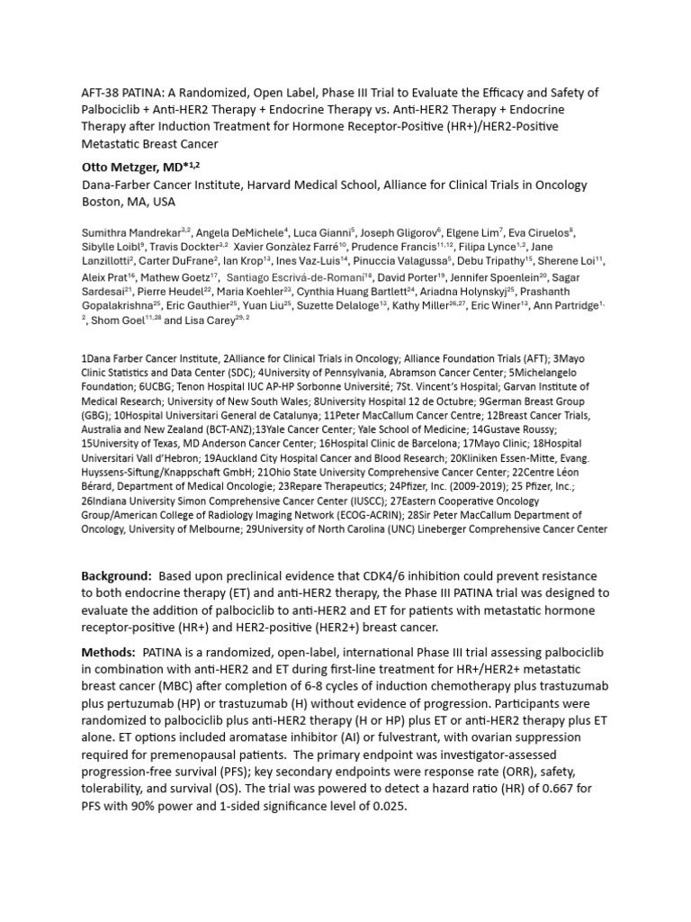 AFT-38 PATINA Trial: Palbociclib in HR+/HER2+ Breast Cancer | PDF ...