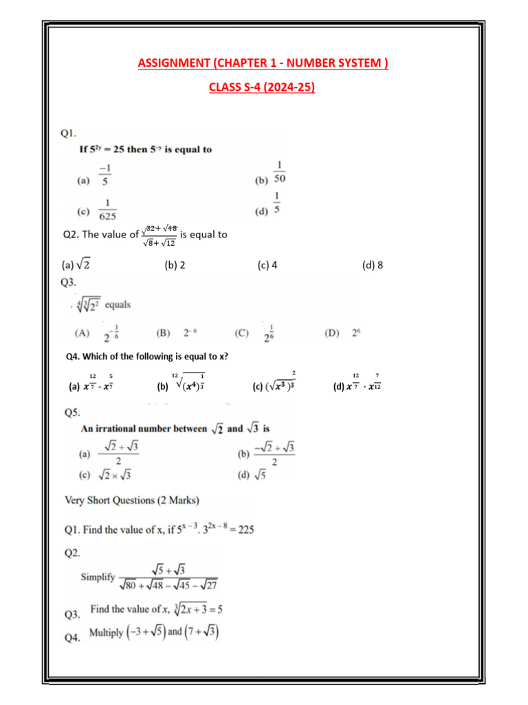 Class S-4 Number System Quiz | PDF