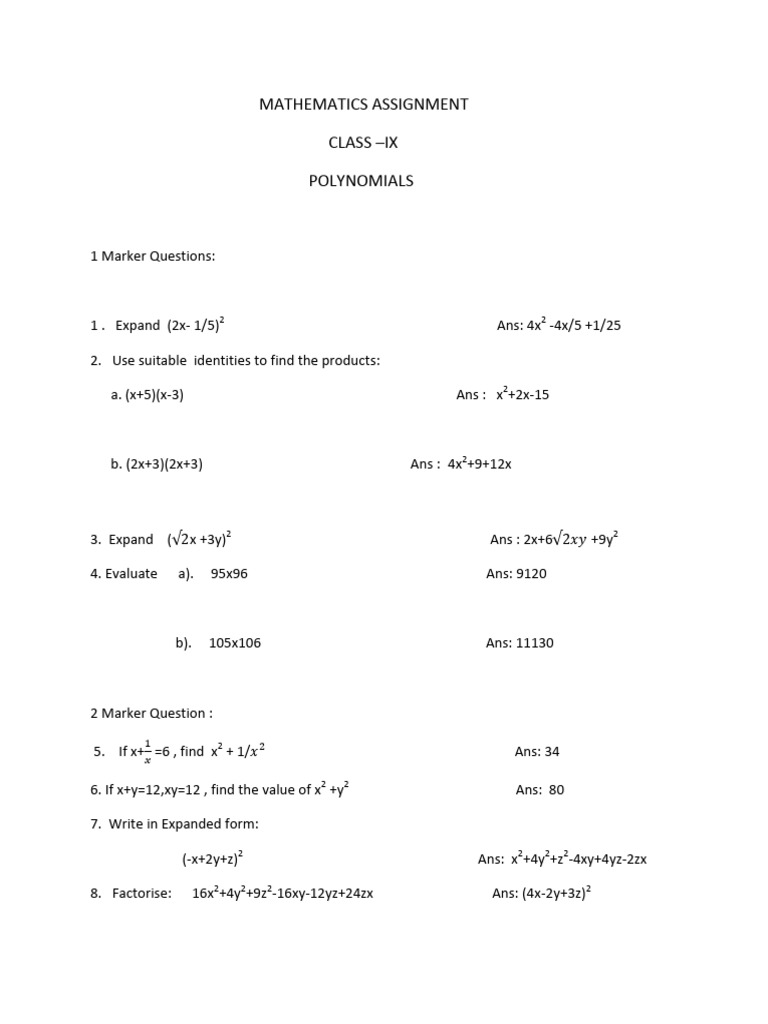 MATHS ASSIGNMENT - Polynomials (Class IX) | PDF
