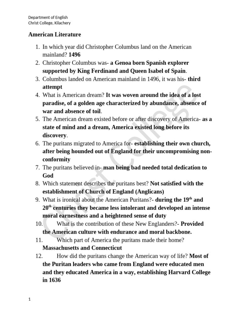 American Literature One Marks | PDF | Emily Dickinson | Edgar Allan Poe