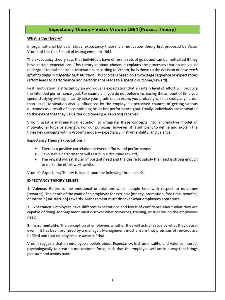 Vrooms Expectancy of Needs Theory | PDF | Motivational | Motivation