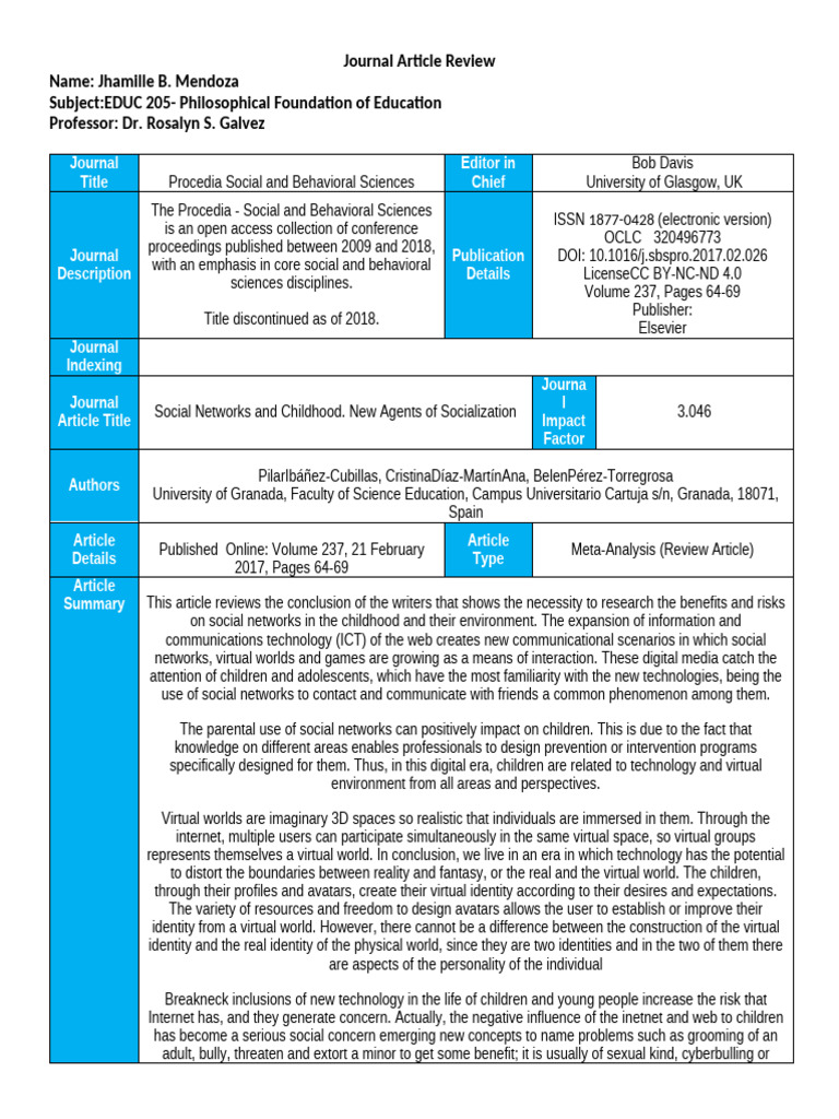 Jhamille Mendoza - Journal Article Review #3 | PDF | Virtual World | Social Network