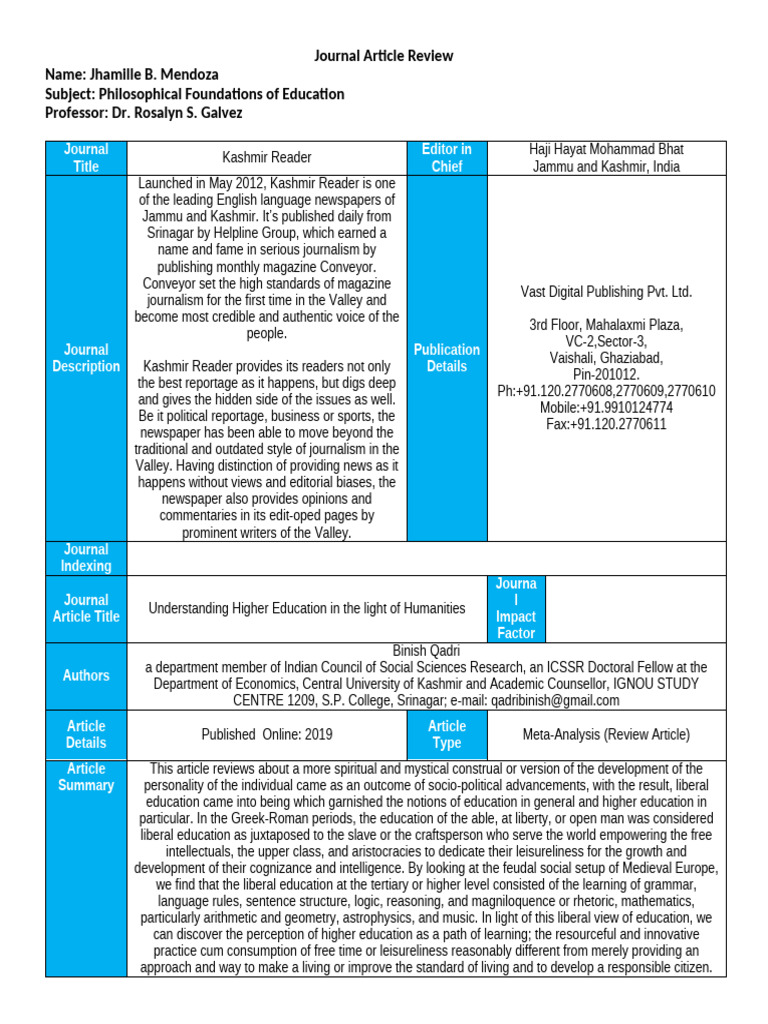 Jhamille Mendoza - Copy of Sample Journal Article Review | PDF ...