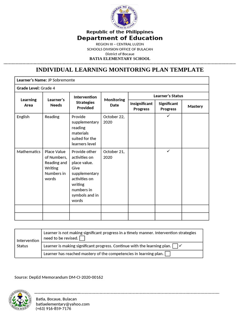 Grade 4 Individual Learning Plan Template | PDF | Behavior Modification ...