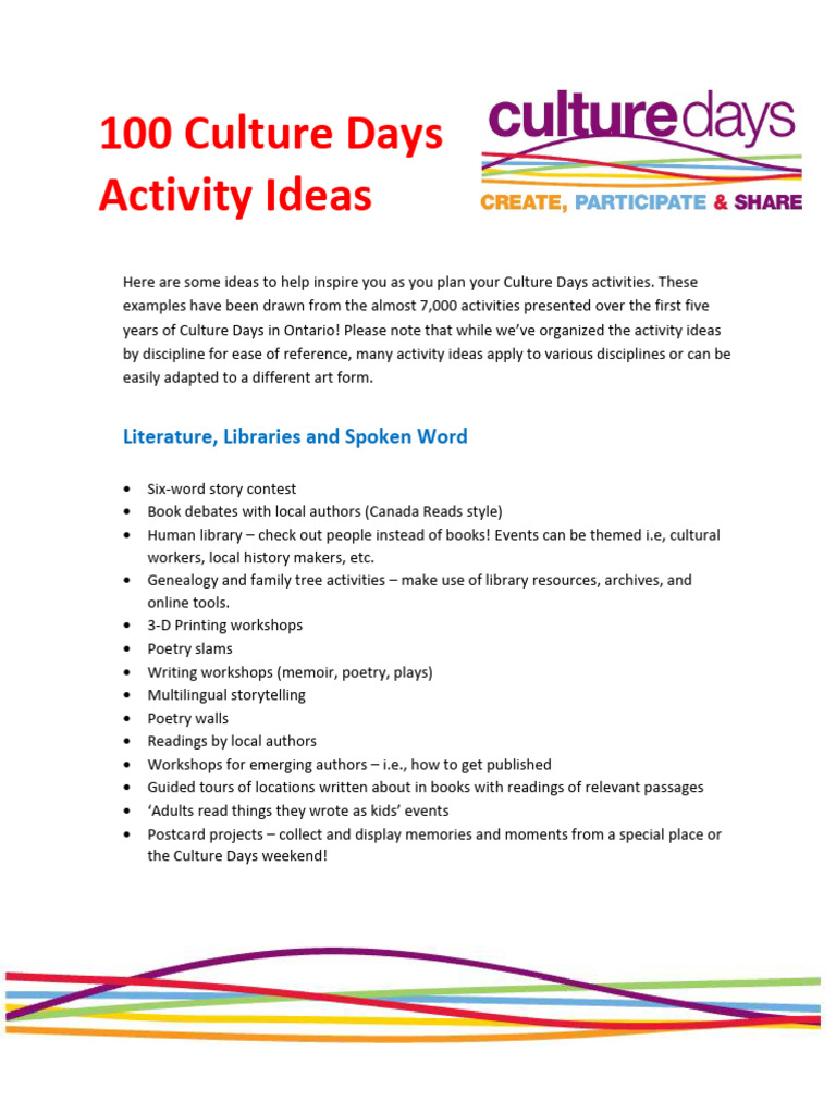 Culture Days Activity Ideas Guide | PDF | Dances | Libraries