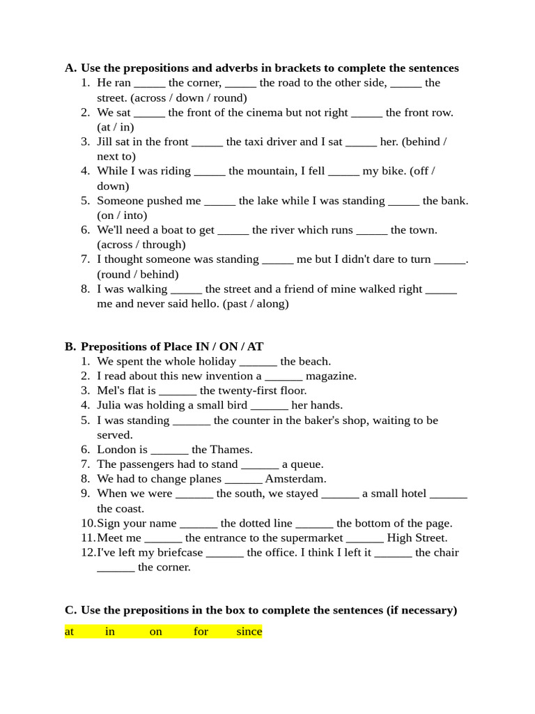 Prepositions Worksheet | PDF