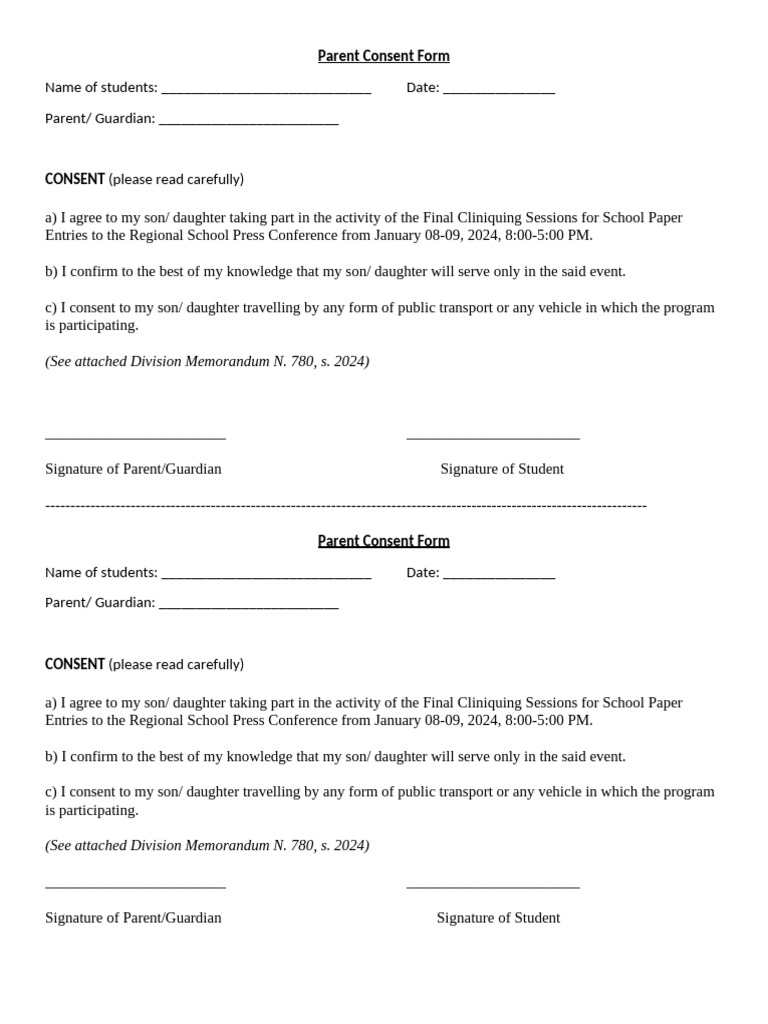 Parent Consent for School Press Event | PDF