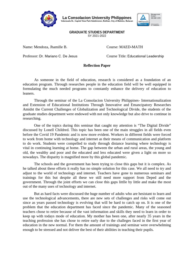 EDUC 214 - Reflection-Jhamille B. Mendoza | PDF | Teachers | Intelligence