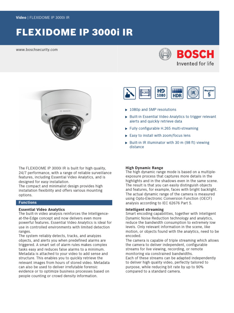 Bosch Flexidome Ip 3000i Ir Data Sheet | PDF | Pixel | Video