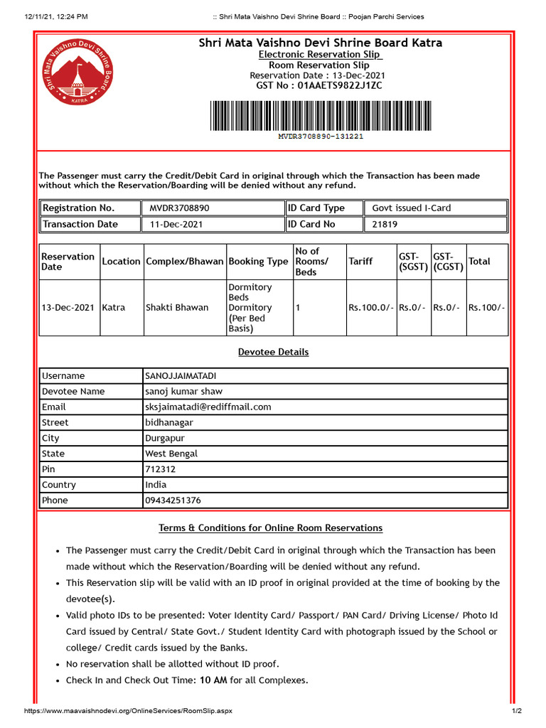 Shri Mata Vaishno Devi Shrine Board - Poojan Parchi Services | PDF ...