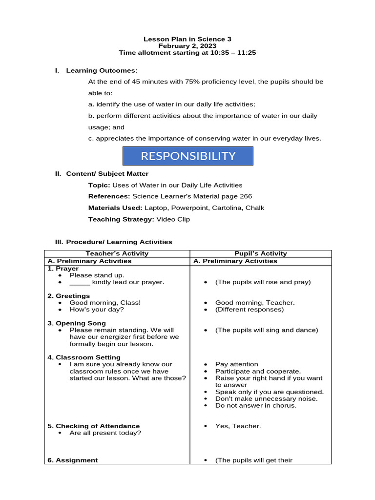 Uses of Water in Our Daily Life Activities (Lesson Plan in Science ...