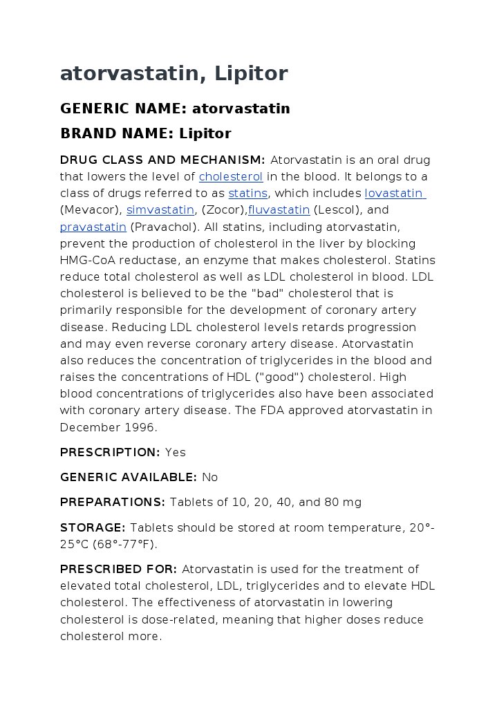 Atorvastatin: Uses and Classifications | PDF
