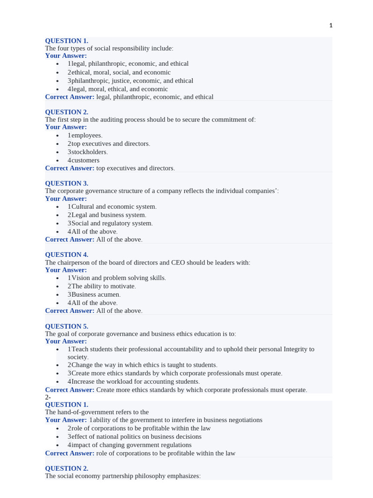 1-Quize - BUSINESS ETHICS & CORPORATE GOVERNANCE | PDF | Corporate Social Responsibility ...