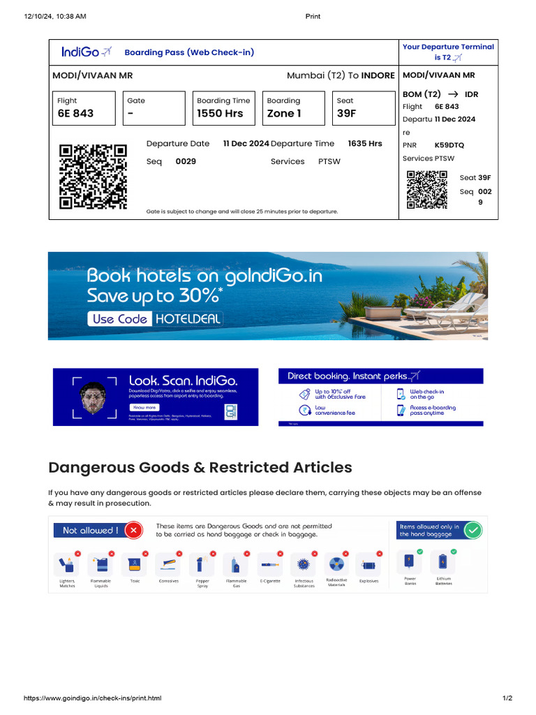 Boarding Pass Instructions for Flight 6E 843 | PDF | Aviation