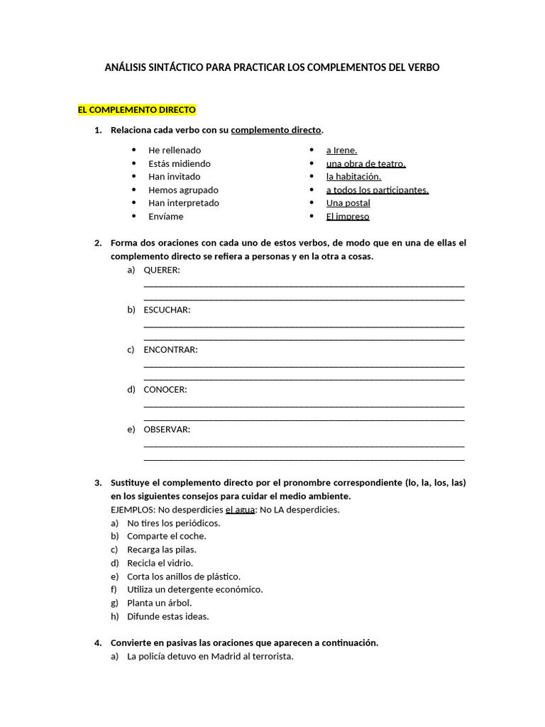 Práctica de Complemento Directo | PDF | Objeto (gramática) | Verbo