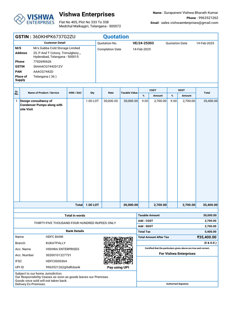 Quotation - VE 24 25303 M S Gubba Cold Storage Limited Gubba Cold Storage Private Limited | PDF ...