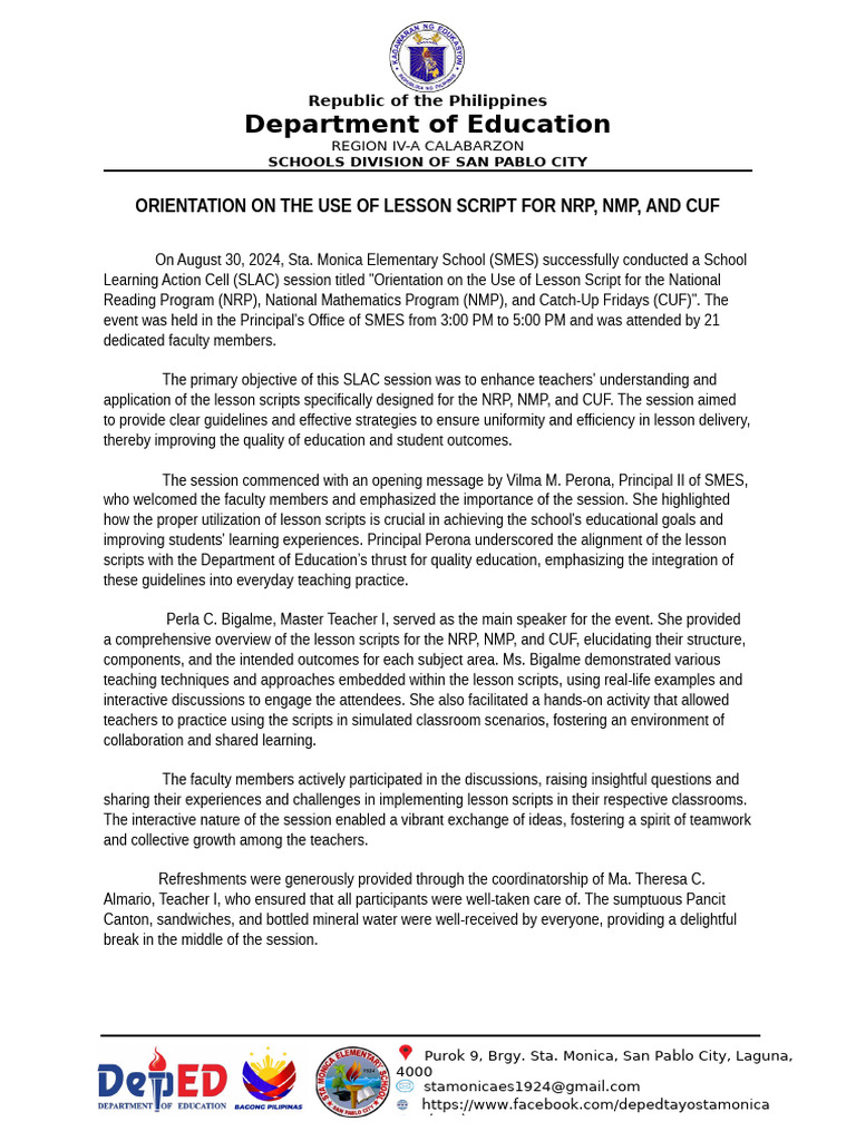 Orientation On The Use of Lesson Script For NRP, NMP, and Cuf | PDF ...