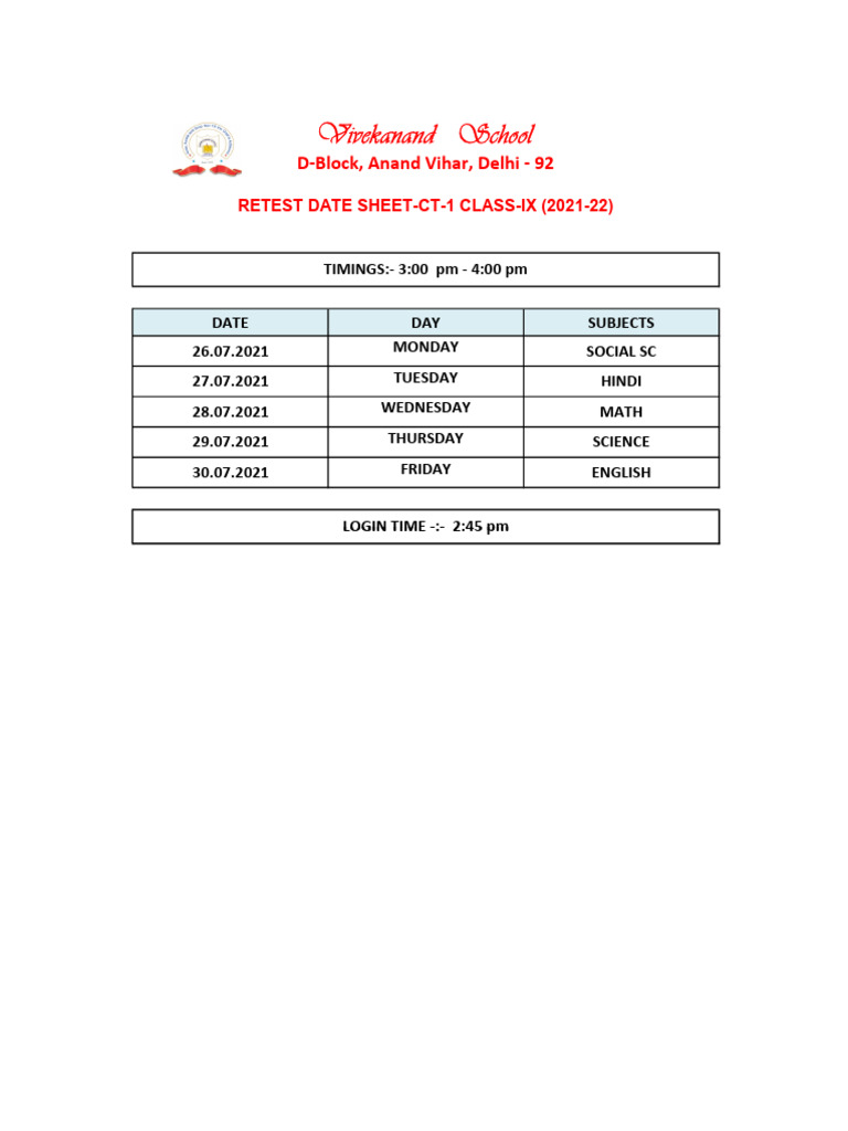 Retest Date Sheet CT-1 Class IX 2021-22 (17.7.21) | PDF