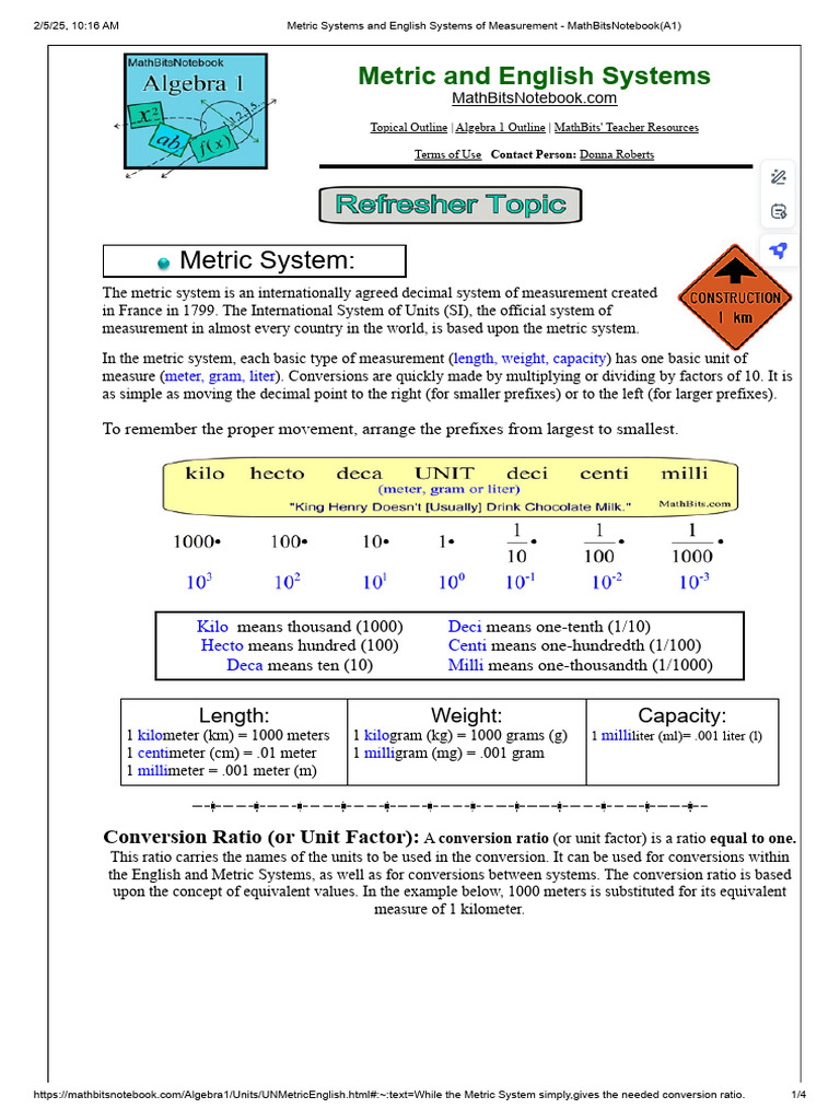 Metric Systems and English Systems of Measurement - MathBitsNotebook (A1) | PDF | Litre | Gallon
