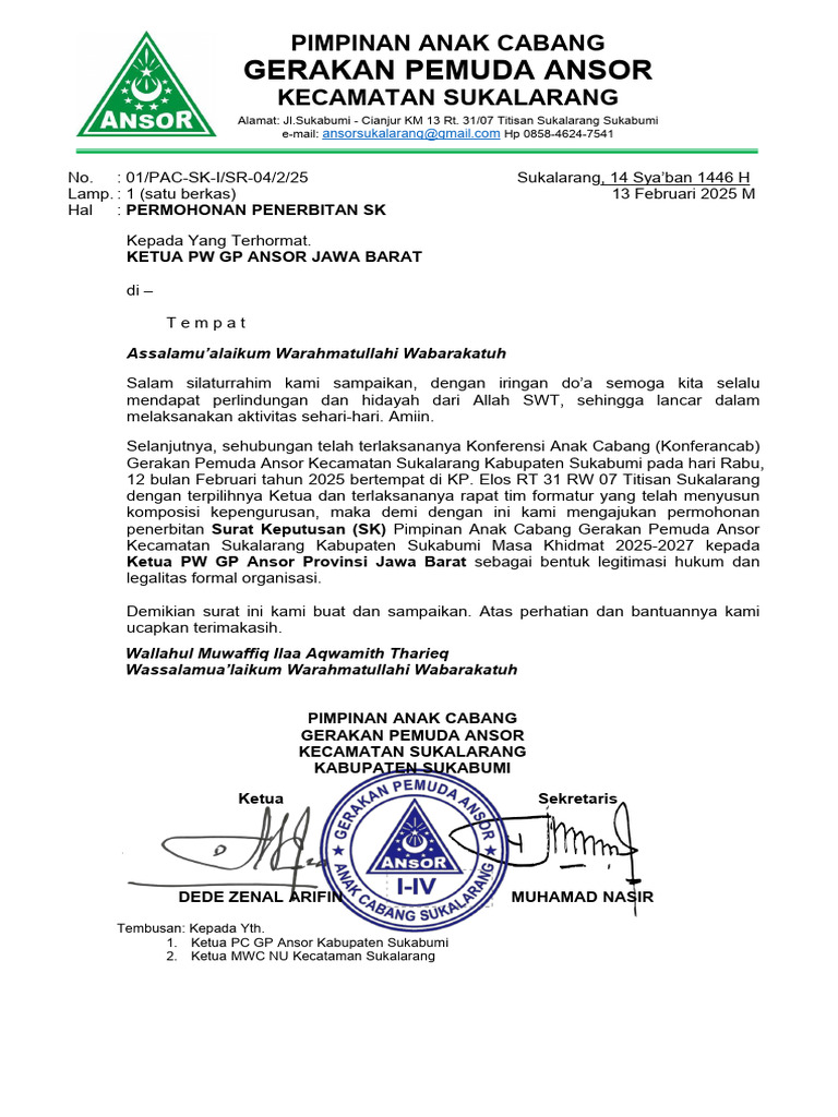 Surat Permohonan Penerbitan SK PAC GP ANSOR SUKALARANG ( PW GP ANSOR PROV. JABAR ) | PDF