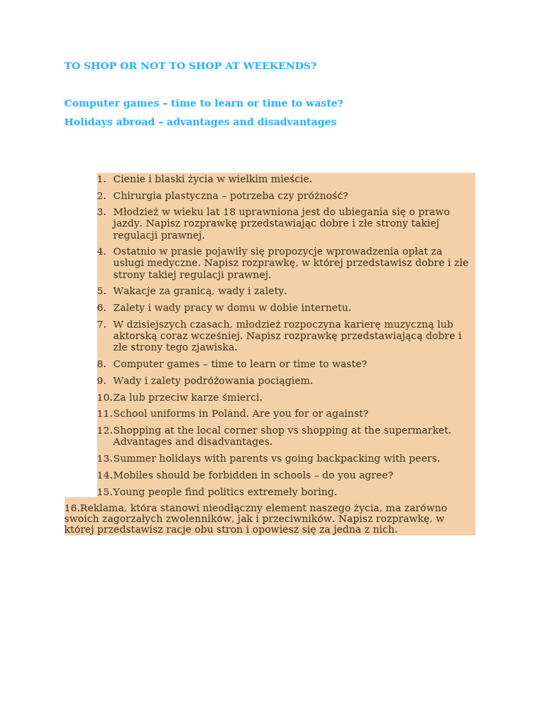 Rozprawka Za I Przeciw NR 1 Tematy | PDF