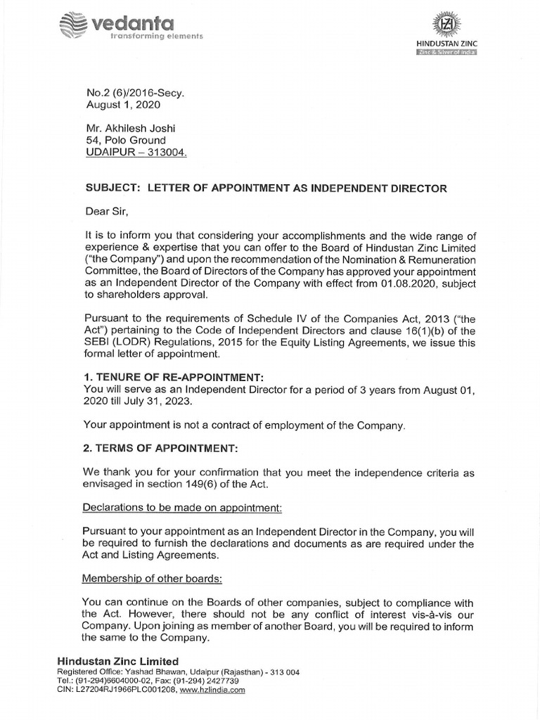 Letter-of-Appointment-Mr.-Akhilesh-Joshi | PDF