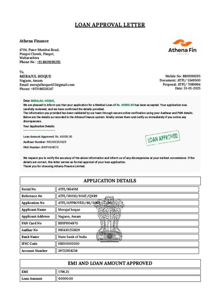 Merajul Hoque Loan Approval Letter by Athena Finance | PDF | Payments | Money