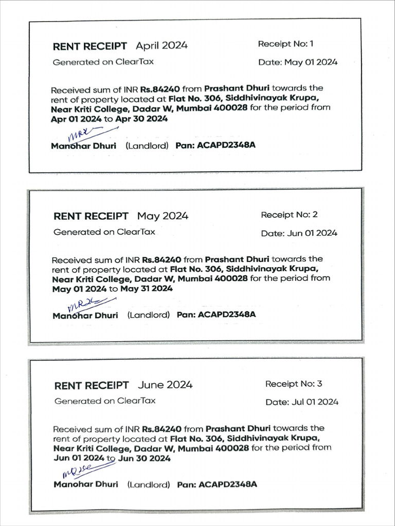 Rent Receipts All 2025 | PDF