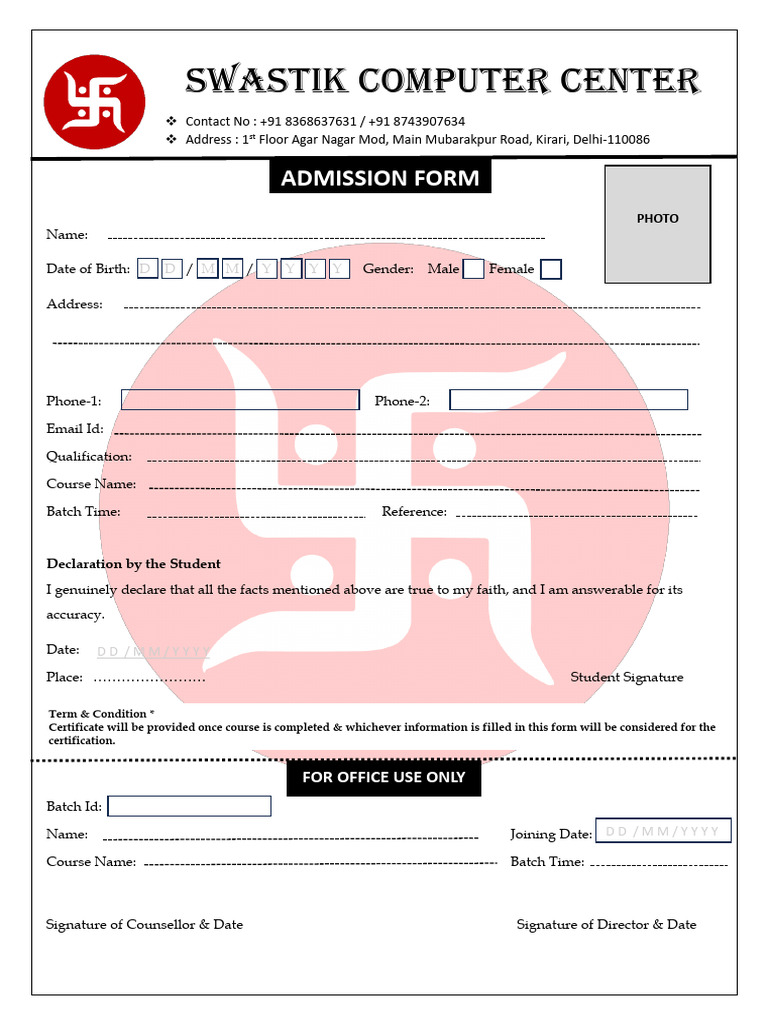 SWASTIK COMPUTER CENTER JOINING FORM 4th Apr | PDF