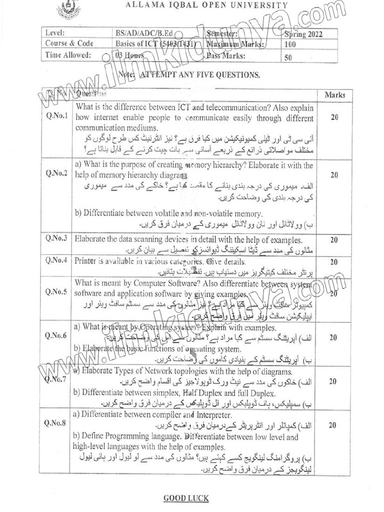 Past Papers 2022 Allama Iqbal Open University BA Basics of ICT 1431 | PDF