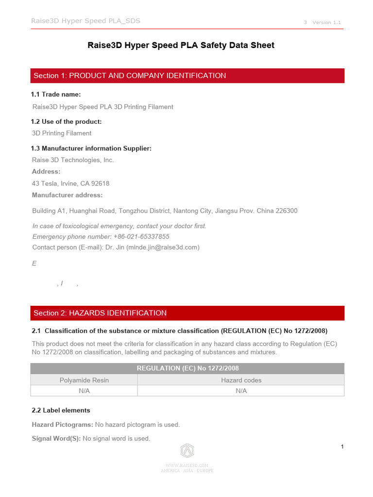 Raise3D Hyper Speed PLA Safety Datasheet | PDF | Firefighter | Personal ...