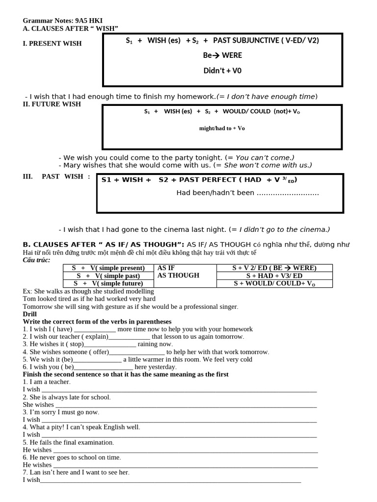 BT WISH và Verb Forms 9A5 2024 | PDF | Semantic Units | Language Mechanics