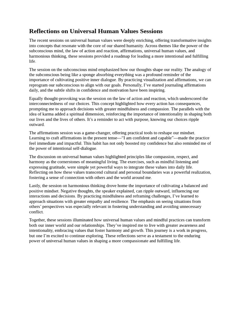 Reflections On Universal Human Values Session | PDF | Thought | Mindset
