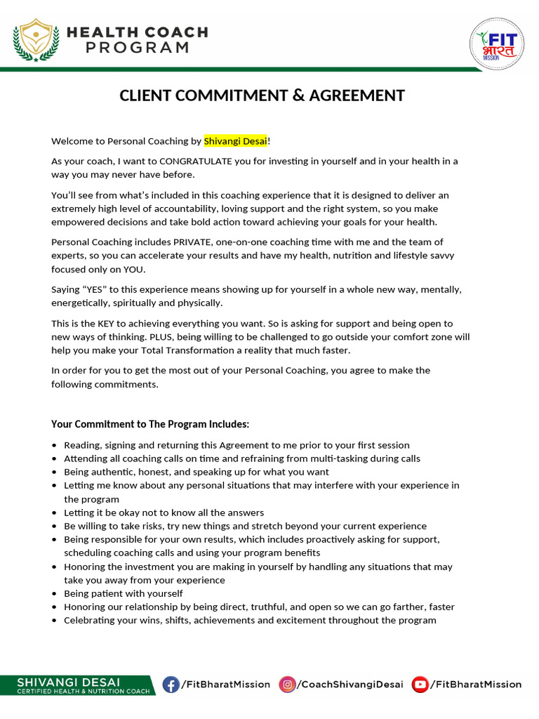 Client Commitment & Agreement | PDF | Health Professional