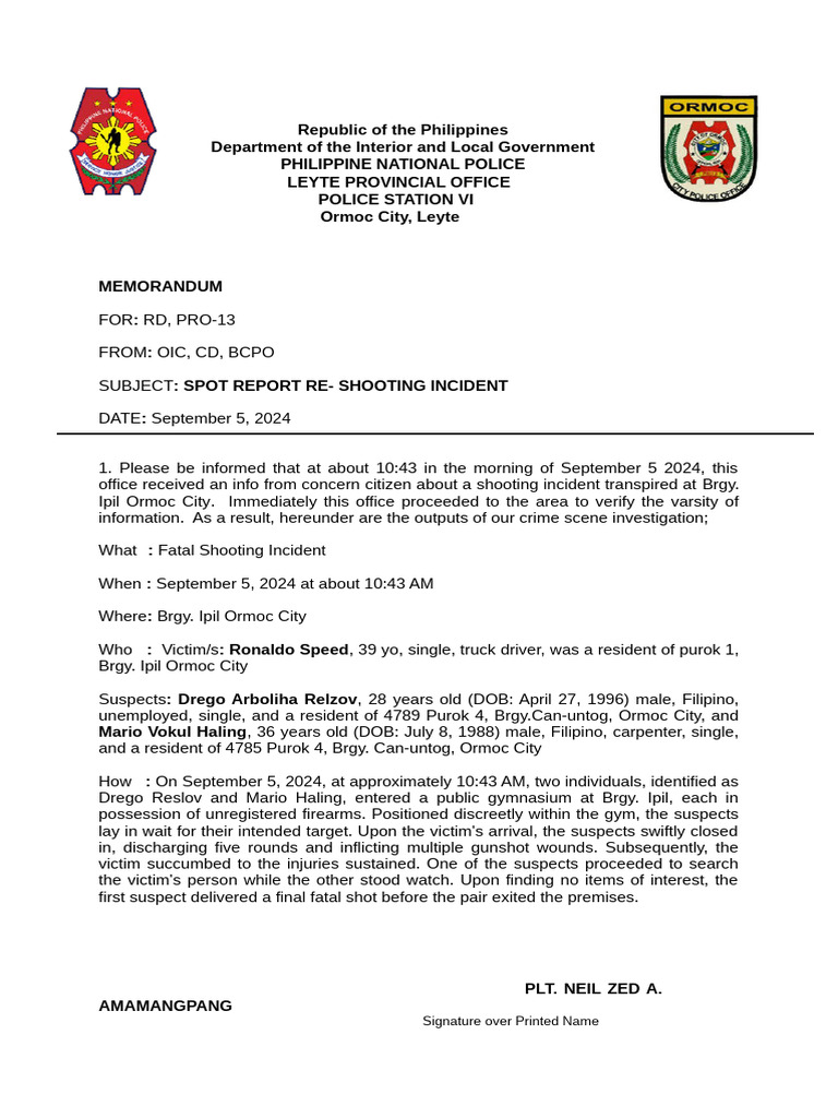 Ormoc City Fatal Shooting Report | PDF