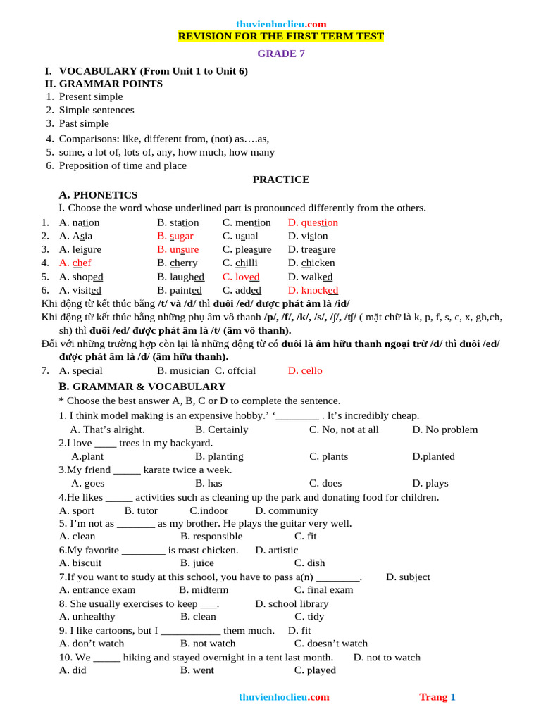 De Cuong On Tap Tieng Anh 7 HK1 23 24 | PDF | Toothbrush | Meal