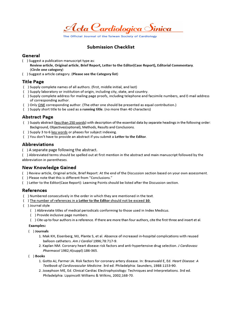 Acta Cardiologica Sinica - Submission Checklist-2pages | PDF ...