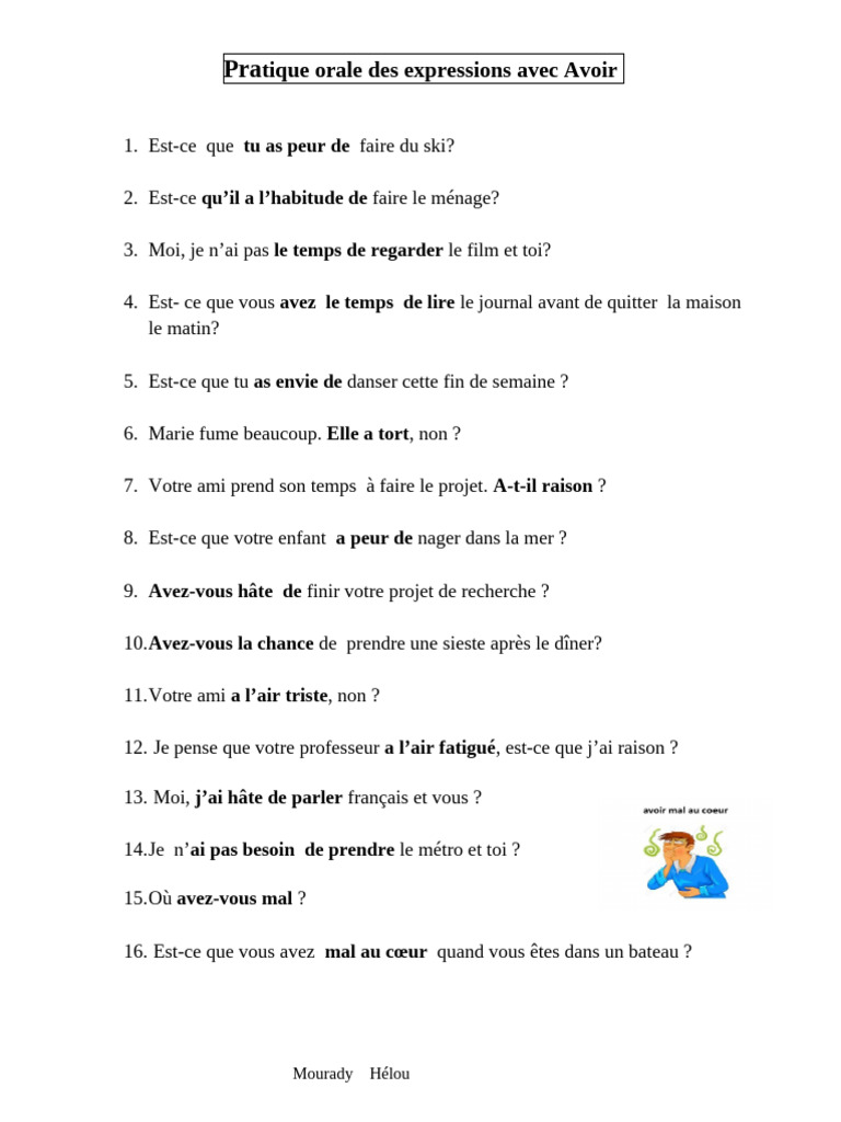 Expressions avec Avoir : Pratique Orale | PDF