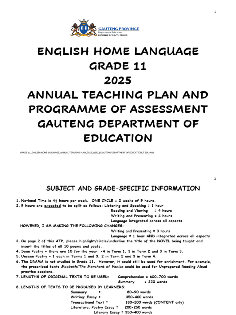 Grade 11 English Home Language ATP 2025 | PDF | Reading Comprehension ...