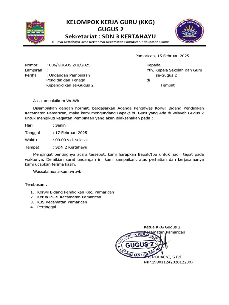 Surat Undangan Pembinaan KKG | PDF