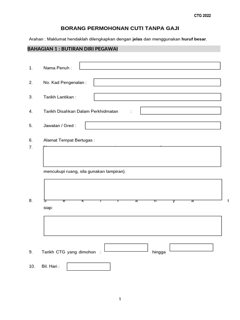 Borang Permohonan Cuti Tanpa Gaji (CTG 2022) | PDF
