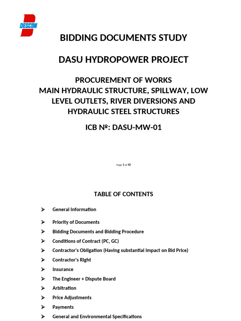 Bidding Documents Study - DASU HPP (ICB No. DASU-MW-01) | PDF | Subcontractor | Dam