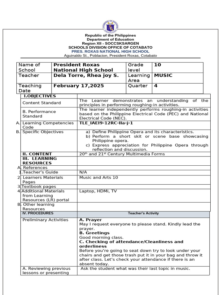 Lesson Plan Module 1 Quater 4 EIM-9 | PDF | Learning