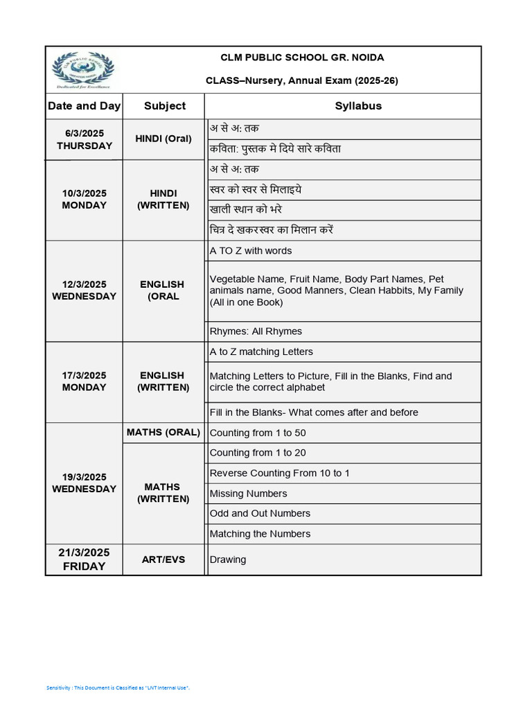 Annual Exam Date Sheet Nursery - 25-26 | PDF