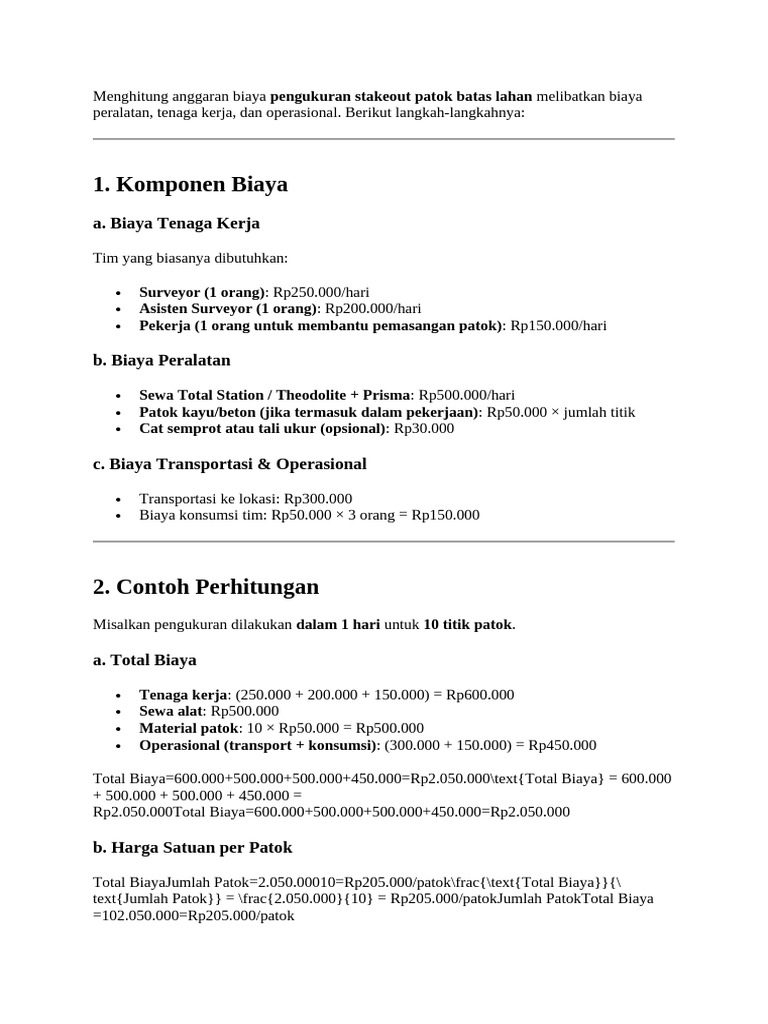 Menghitung Anggaran Biaya Pengukuran Stakeout Patok Batas Lahan | PDF