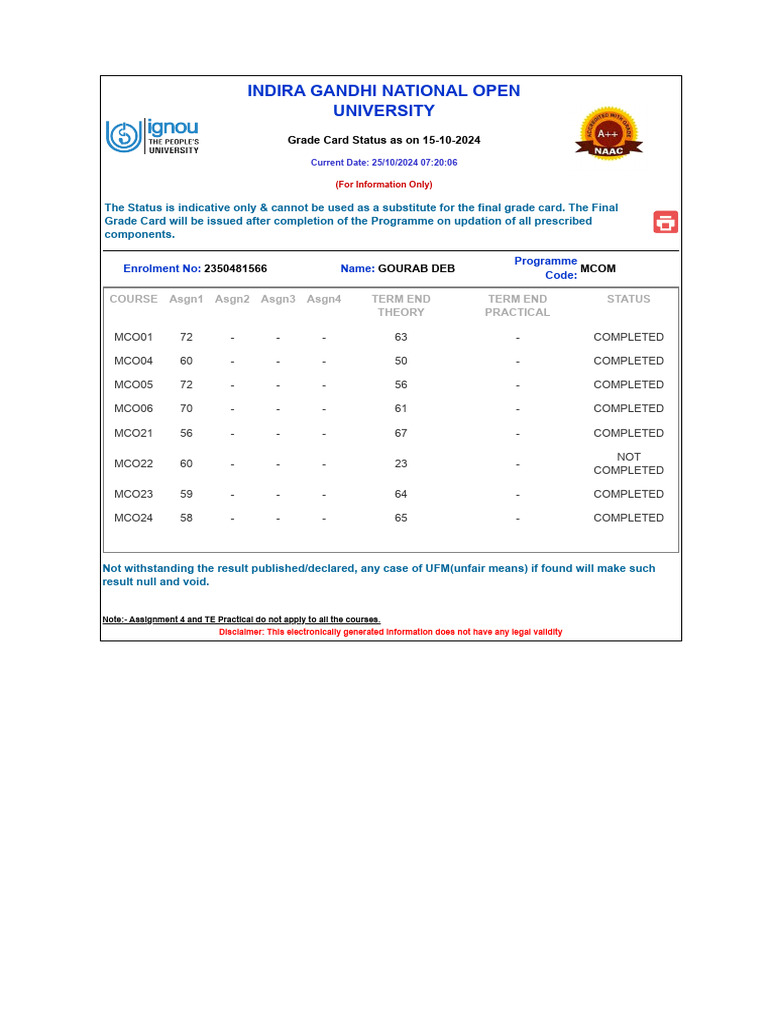 IGNOU Grade Card | PDF