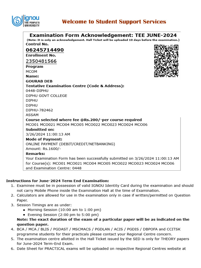 IGNOU MCOM Exam Form Acknowledgement | PDF | Payments | Banking Technology