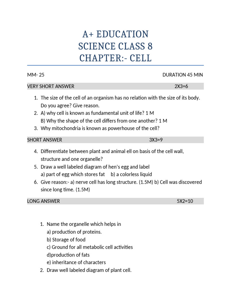 A+ Education Science Class 8 Chapter:-Cell | PDF