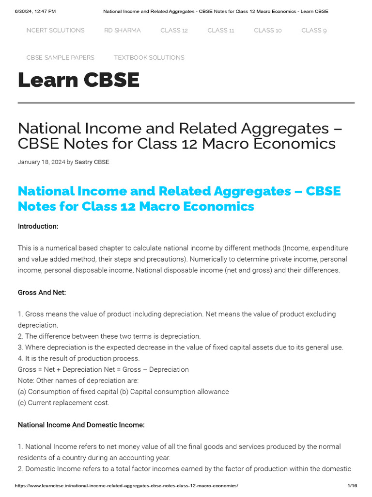 Class 12 National Income Notes | PDF | Cost Of Living | Measures Of ...
